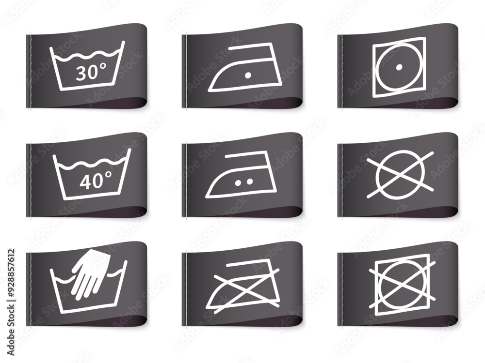 Vetor de Black laundry labels. Textile washing instructions for cotton ...
