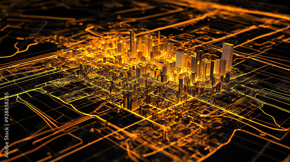 Technical aerial visual, 3D LiDAR GIS aerial map satellite scan model ...