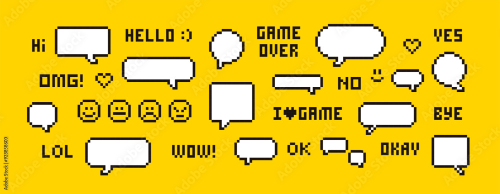 Pixel speech bubble icons set with messenger chat dialogue text in 8 ...