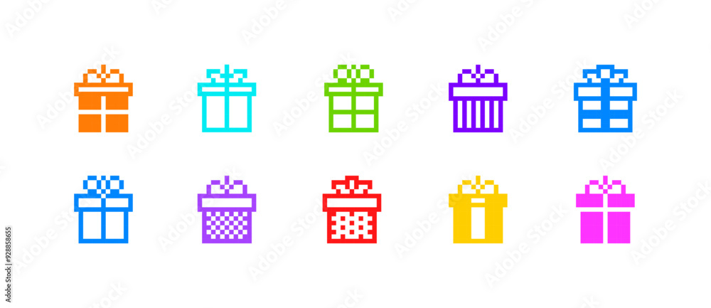 Colorful Pixel Gift Box icons set 3. Christams pixel gift box signs in ...