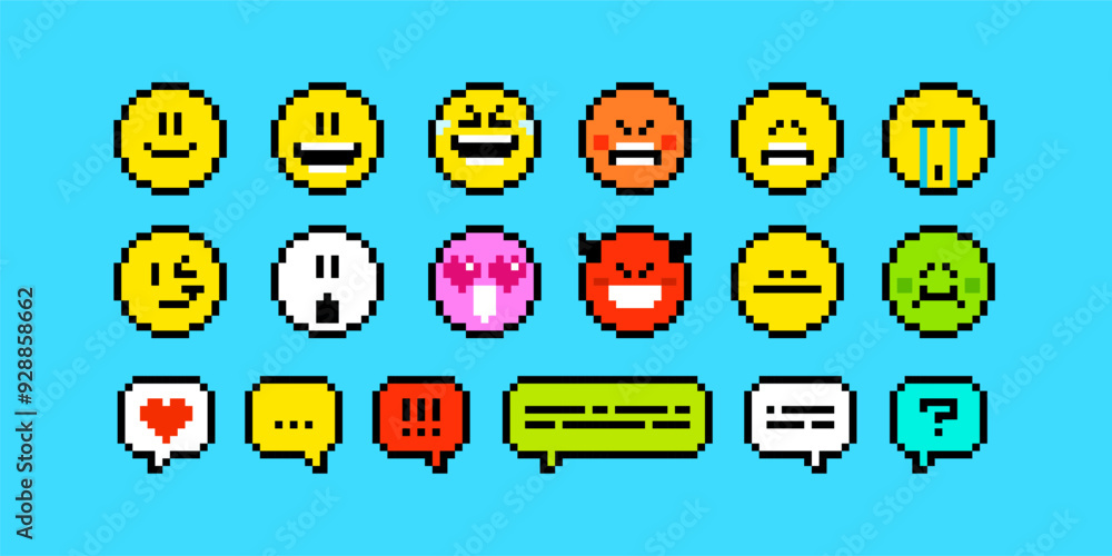 Pixel emotions icons in 8-bit retro video game style - editable vector ...