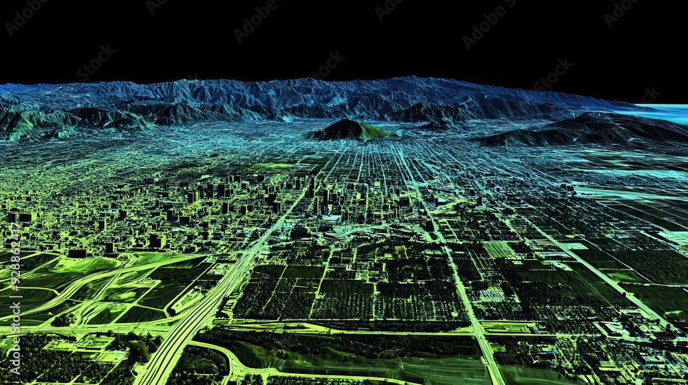 Technical aerial visual, 3D LiDAR GIS aerial map satellite scan model ...