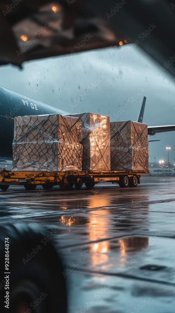 Cargo pallets ready for loading on the aircraft at a rainy airport ...