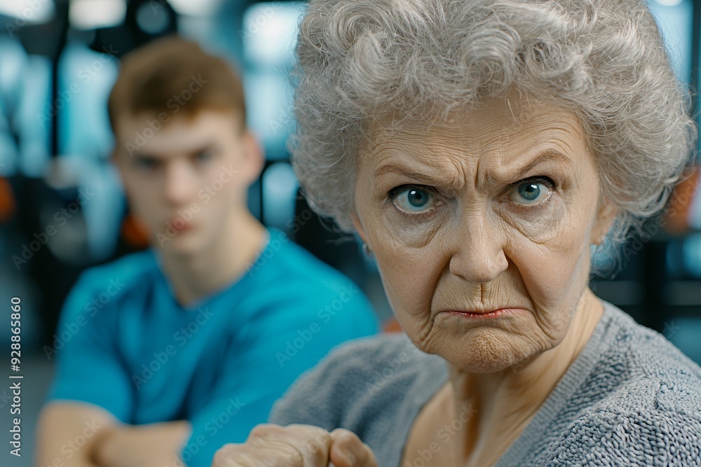 Using palm to throw blow to chin, determined aged woman is practicing ...
