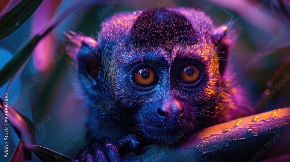 Vividly lit night monkey with expressive eyes in neon jungle ...