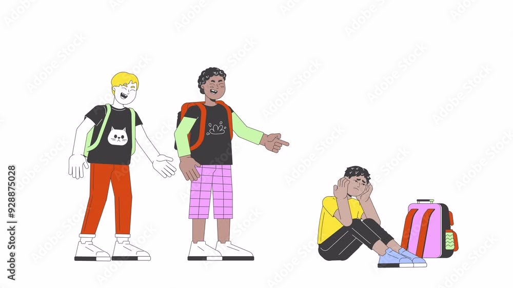 Schoolboys bullies bullying preteen kid line 2D characters animation ...