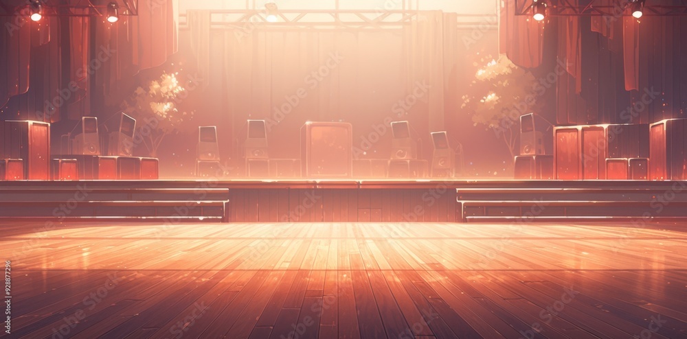 Stage of Dreams: anime-style Illustration of an Empty Wooden Stage with ...