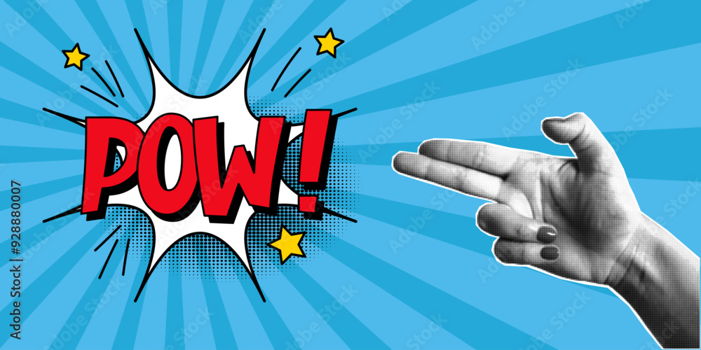 Halftone collage, hand gesture in the shape of a gun, speech bubble ...