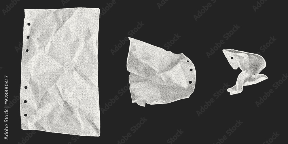 Set of paper lumps of varying degrees of crumpling. Gritty dusty dotted ...