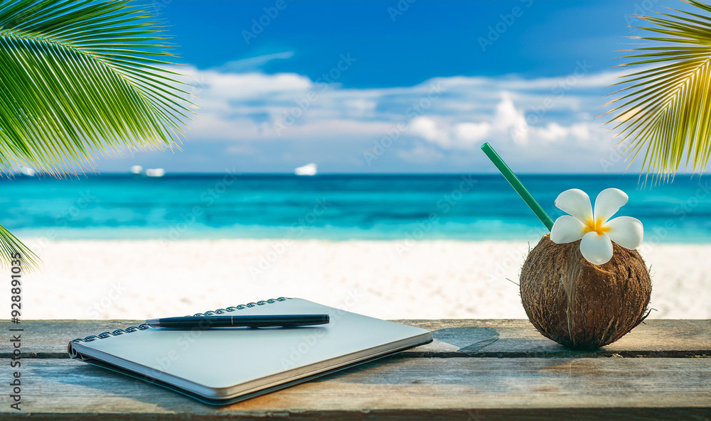 Remote work from island, Turquoise crystal sea, coconut juice and ...