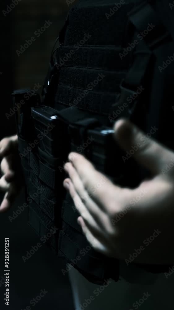 man fastens a black tactical vest around his torso, featuring quick ...