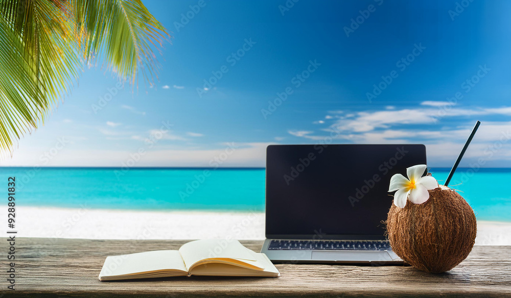Remote work from island, Turquoise crystal sea, coconut juice and ...