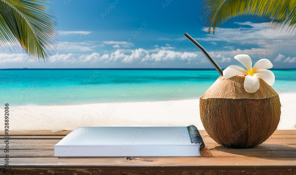 Remote work from island, Turquoise crystal sea, coconut juice and ...