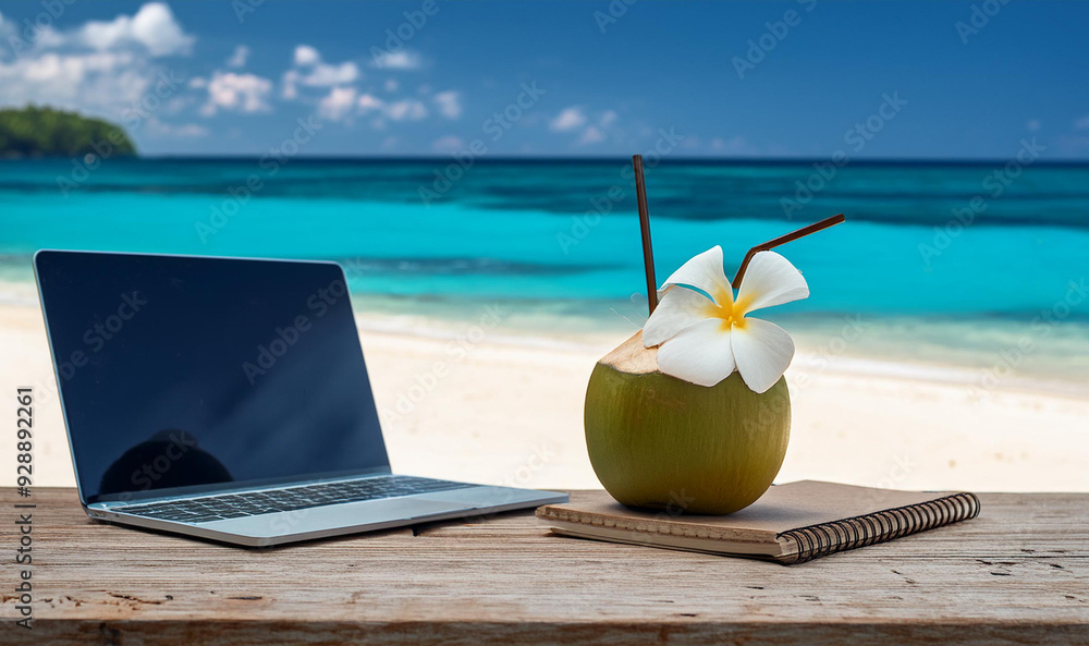 Remote work from island, Turquoise crystal sea, coconut juice and ...