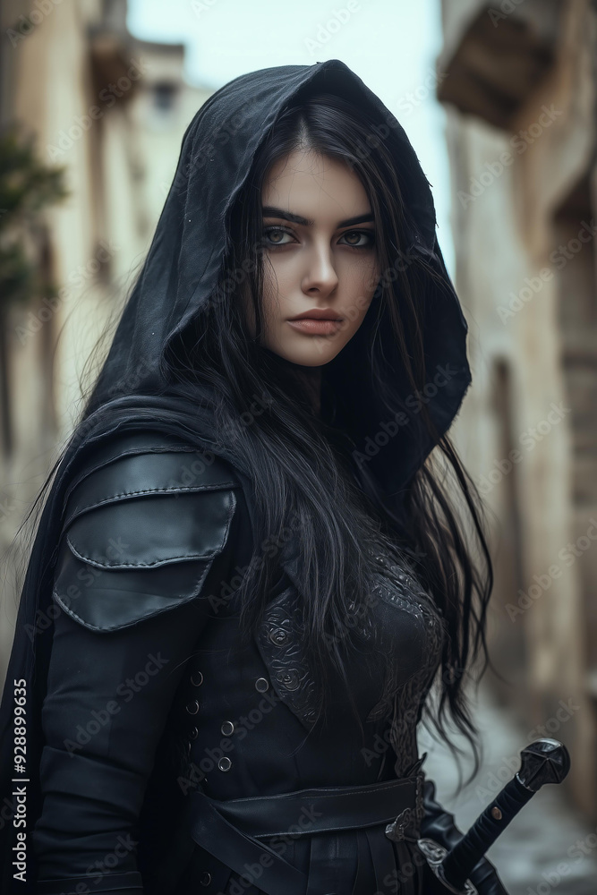 young female assassin with long black hair flowing in the wind and a ...