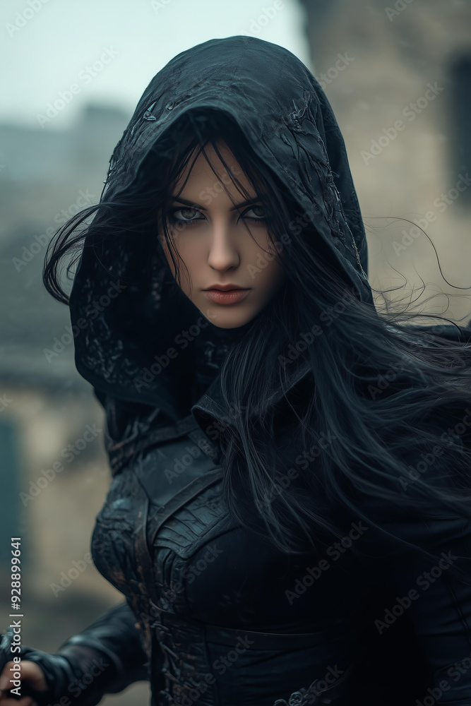 young female assassin with long black hair flowing in the wind and a ...