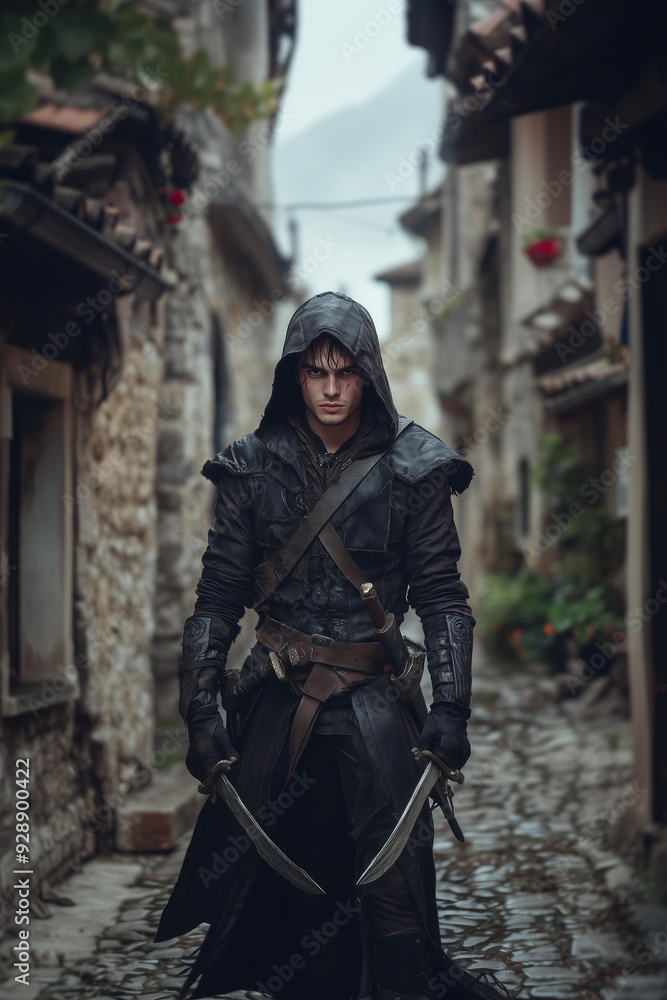 attractive young male assassin , a strong expression on his face ...