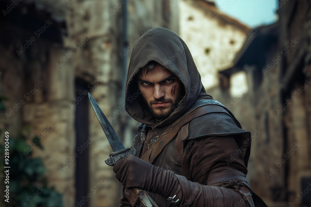 attractive young male assassin , a strong expression on his face ...