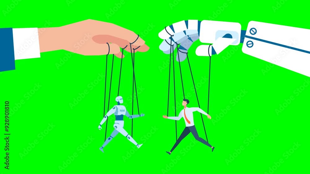 A person manipulates a robot. Artificial intelligence controls man ...