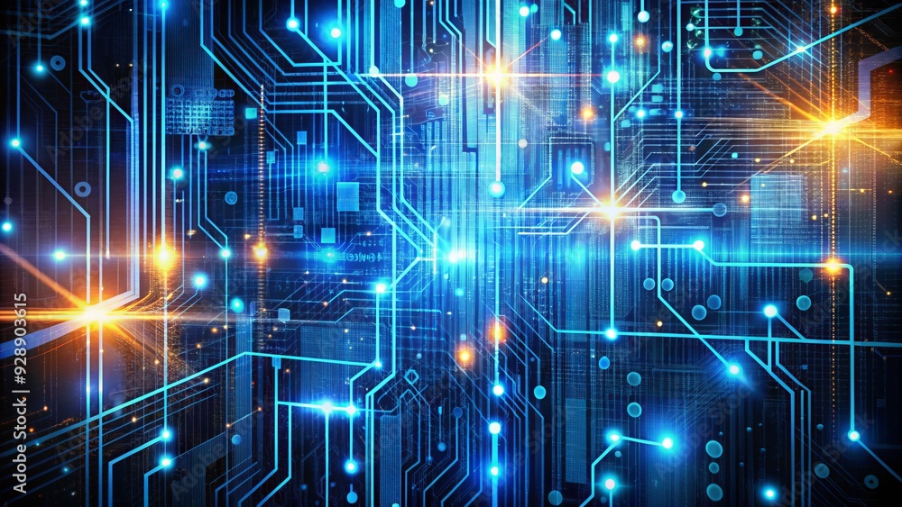 Digital abstract background with glowing circuits, binary code, and futuristic grid patterns ...