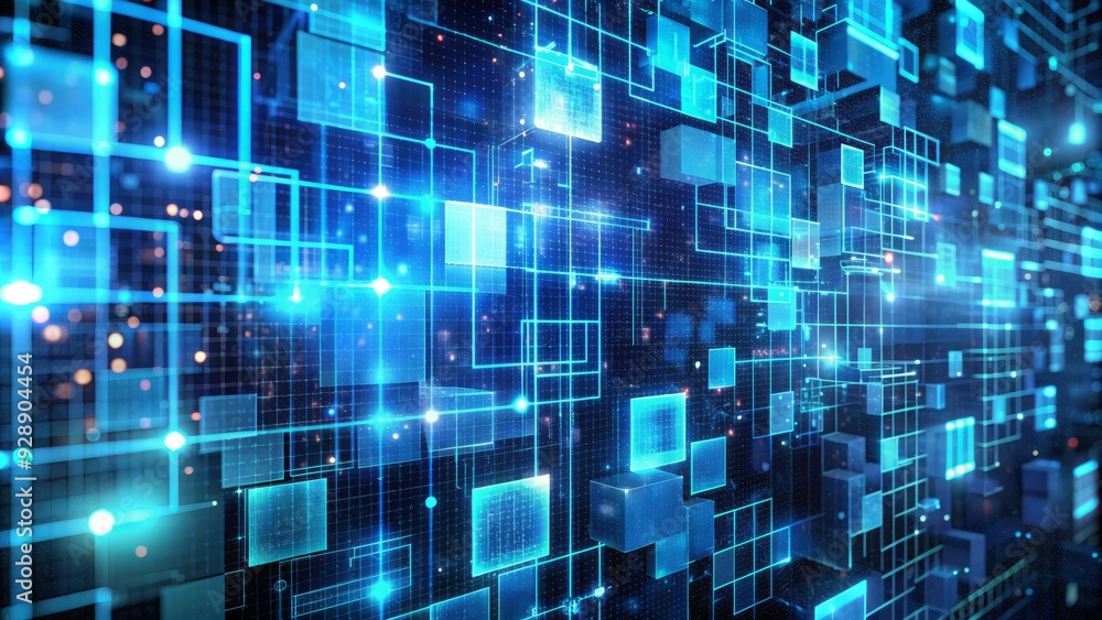 Distorted neon blue grid pattern with fragmented code and pixelated ...