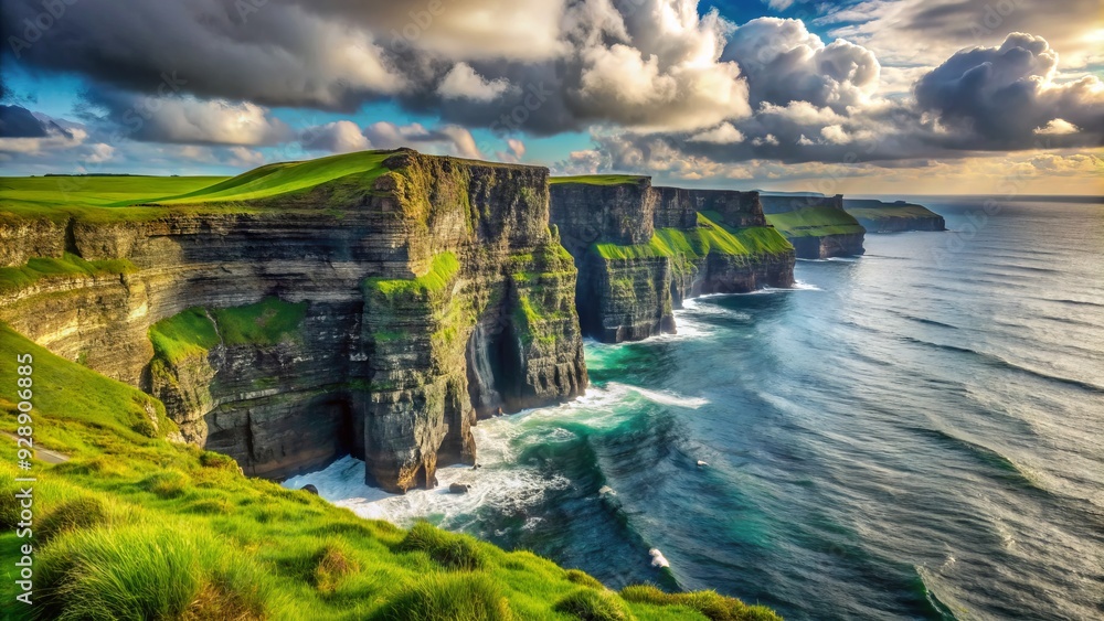 Dramatic sea cliffs rise from the Atlantic Ocean, lush green grass and ...