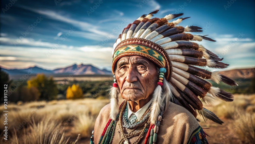 Elderly Native American tribal leader adorned with feathered headdress ...