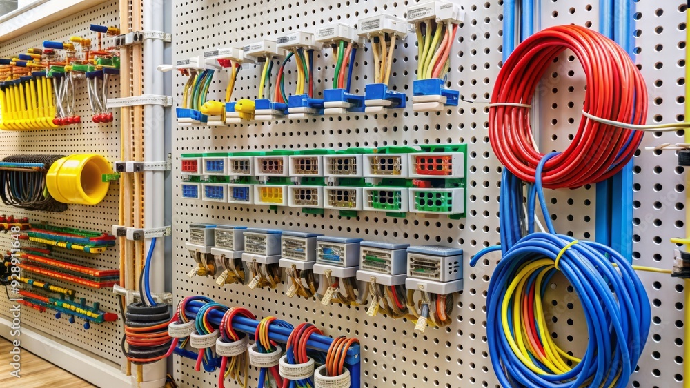 Electrical cables and wiring organized on a pegboard, following safety ...