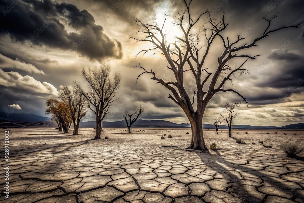 Dry and Desolate Wasteland: Barren landscape, cracked ground, skeletal ...