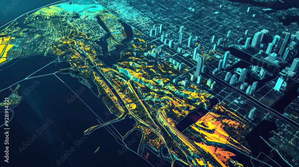 Technical aerial visual, 3D LiDAR GIS aerial map satellite scan model ...