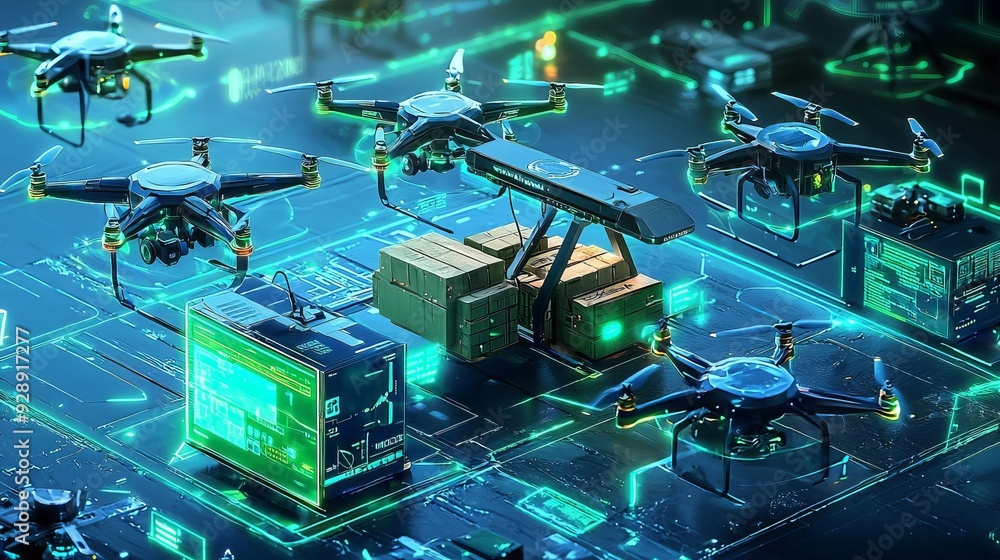 Aerial Logistics Drone Technology A futuristic drone docking station ...