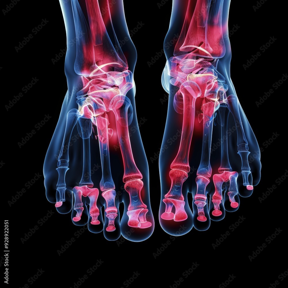 Poster Detailed X-ray visualization of human feet showing bones, joints ...
