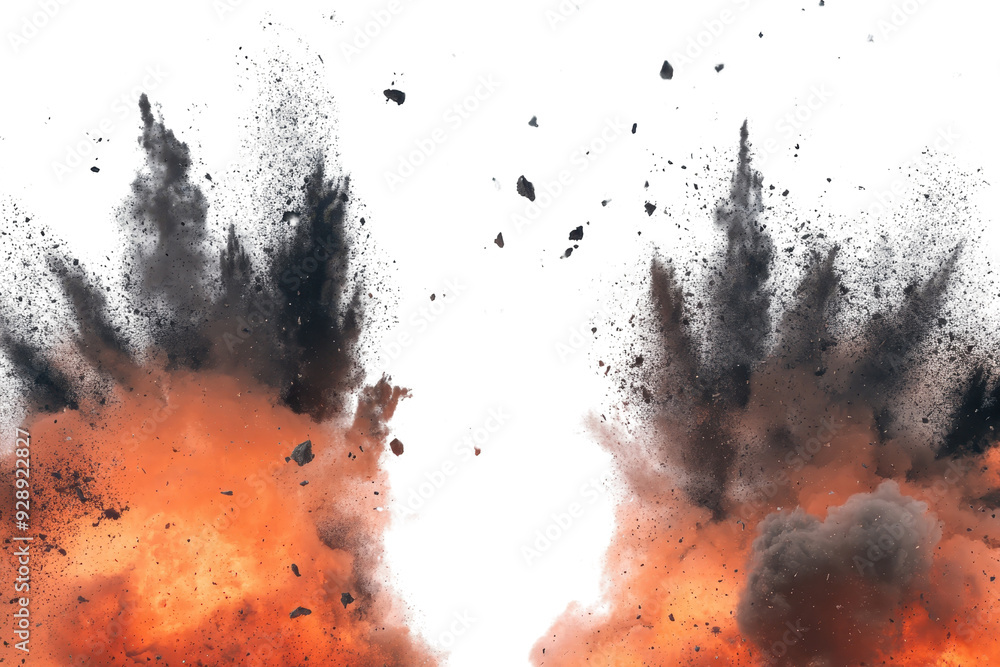 Fiery explosion with dark smoke against a transparent background ...