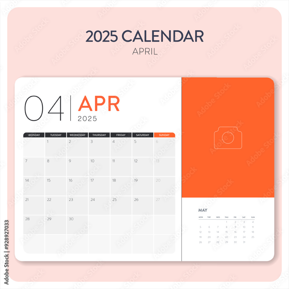 Calendar April 2025 template vector. Desk, wall calendar for print ...