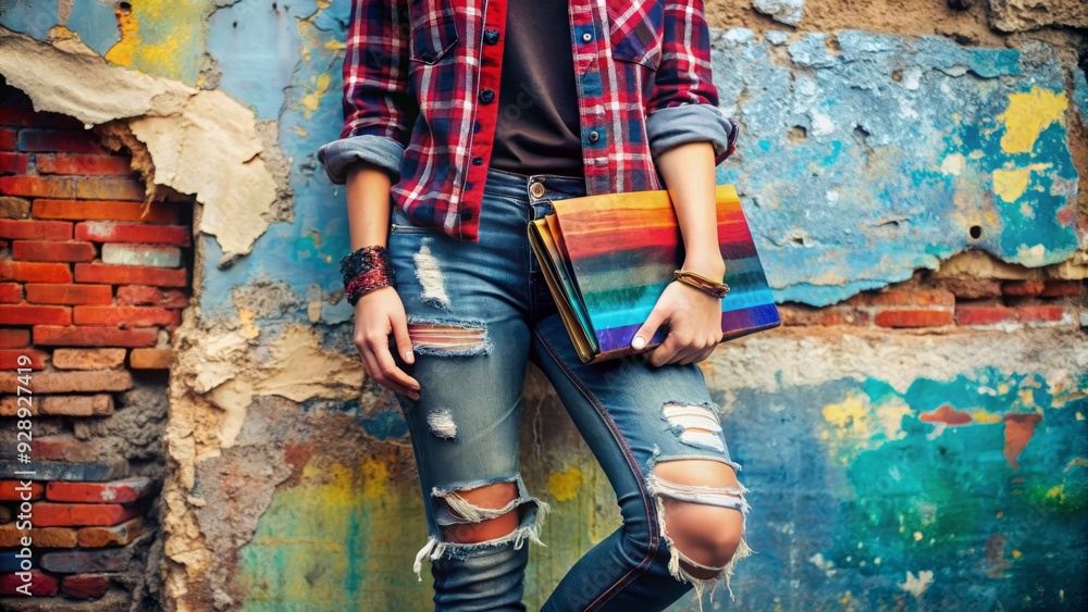 Flannel-clad hand with ripped jeans and chunky black boots holds a ...