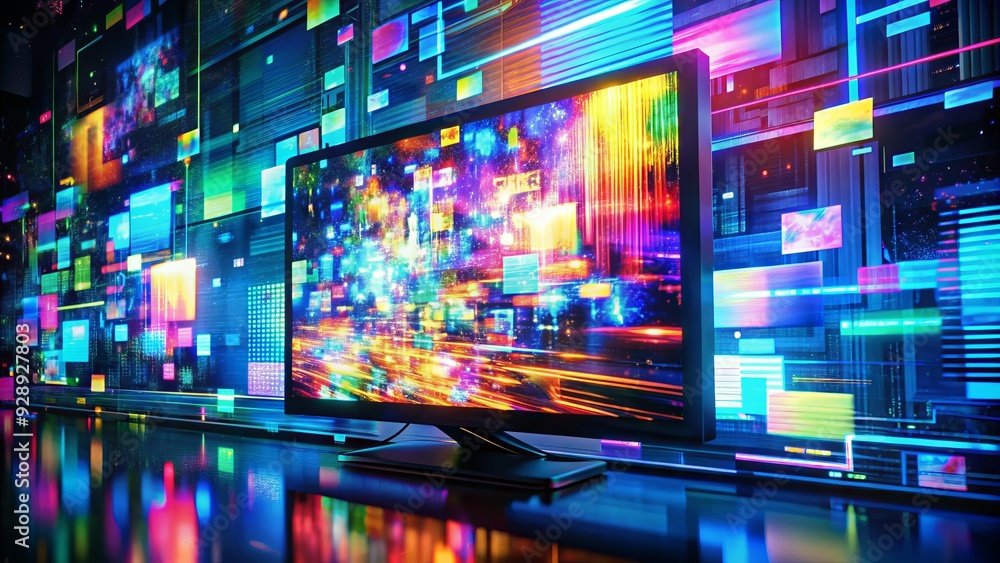 Flickering screen with distorted colors and fragmented images, static ...