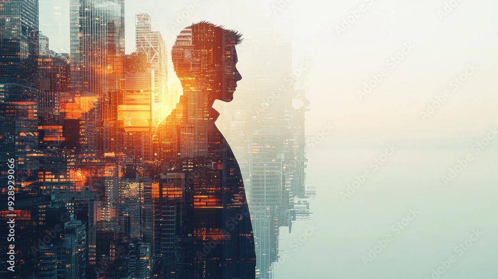 Conceptual photography of a human blending into a cityscape. The person ...