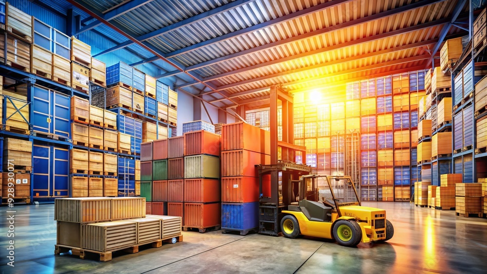 ภาพประกอบสต็อก Freight containers stacked in a bustling warehouse with ...
