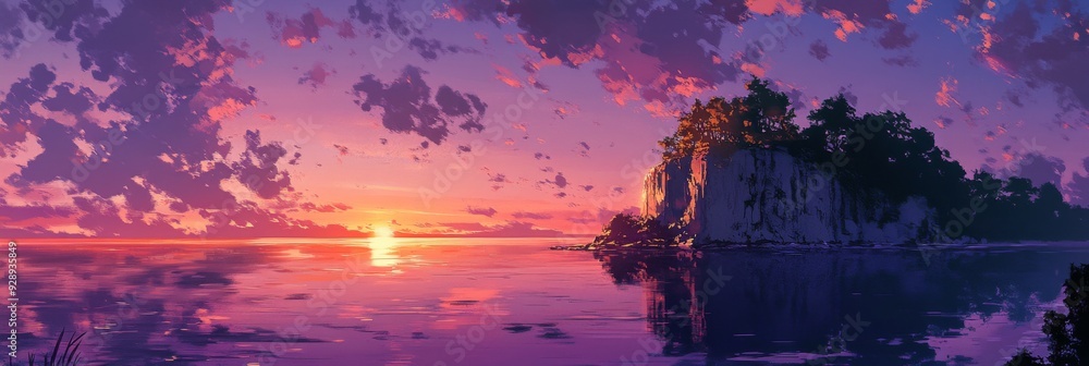 Enchanted anime-style Lakeside Cliff at Dusk: A Tranquil Illustration ...