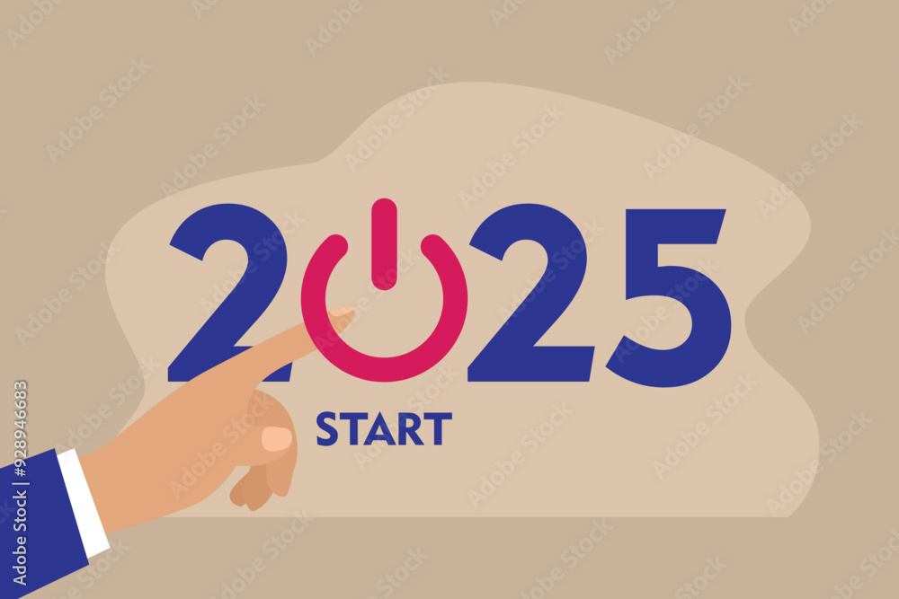 Hand pushing start button. Launch start up company in 2025, Improvement ...
