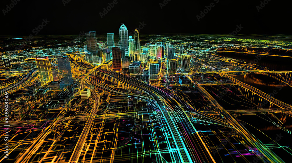 Technical aerial visual, 3D LiDAR GIS aerial map satellite scan model ...