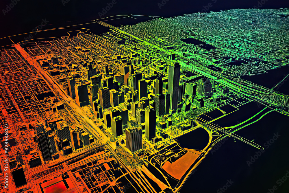 Technical aerial visual, 3D LiDAR GIS aerial map satellite scan model ...