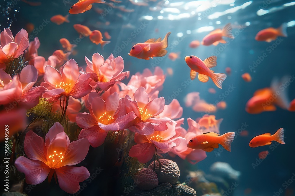 surreal underwater garden vibrant flowers blooming from coral reefs ...