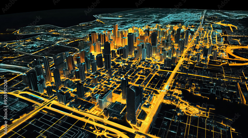 Technical aerial visual, 3D LiDAR GIS aerial map satellite scan model ...