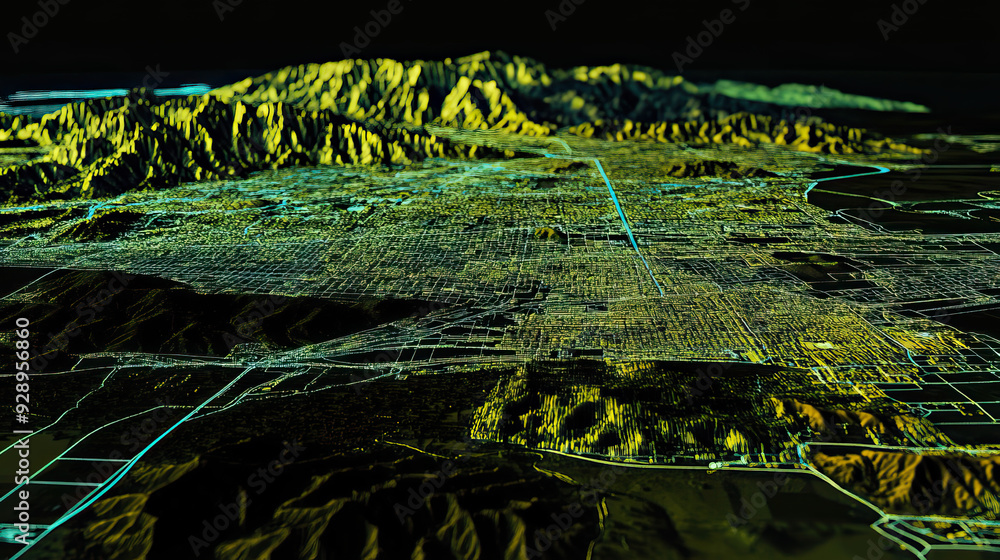 Technical aerial visual, 3D LiDAR GIS aerial map satellite scan model ...