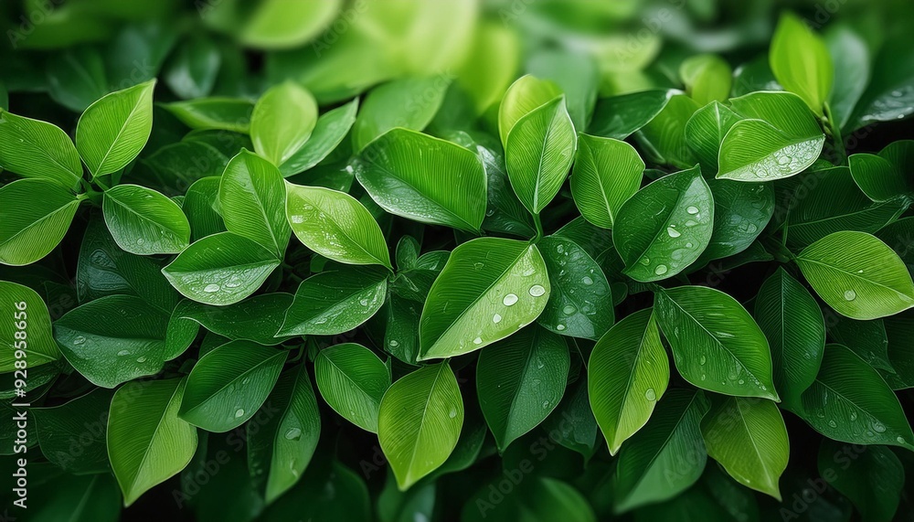 Serene backdrop of lush, dewy green leaves creating a natural ...