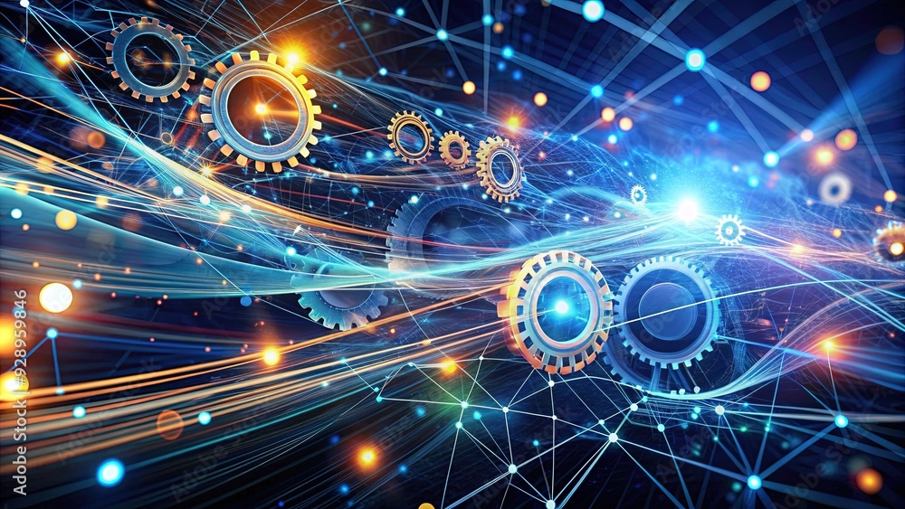 High-tech virtual background with swirling lines and nodes representing data streams, blurred ...