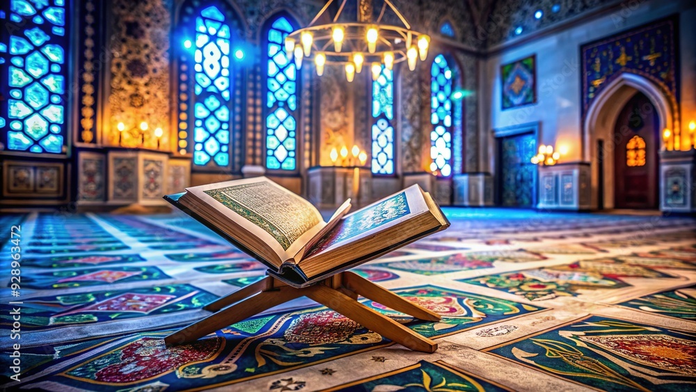 Illuminated Islamic holy scripture, the Quran, lies open on a ...