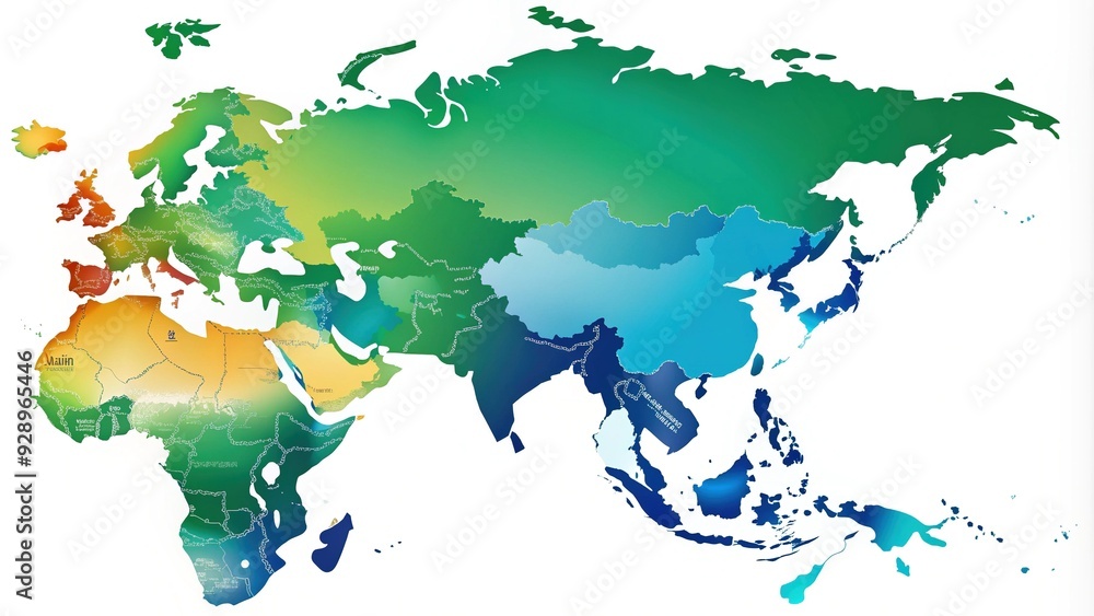 Illustrative vector map of Asia featuring country borders, cities, and ...