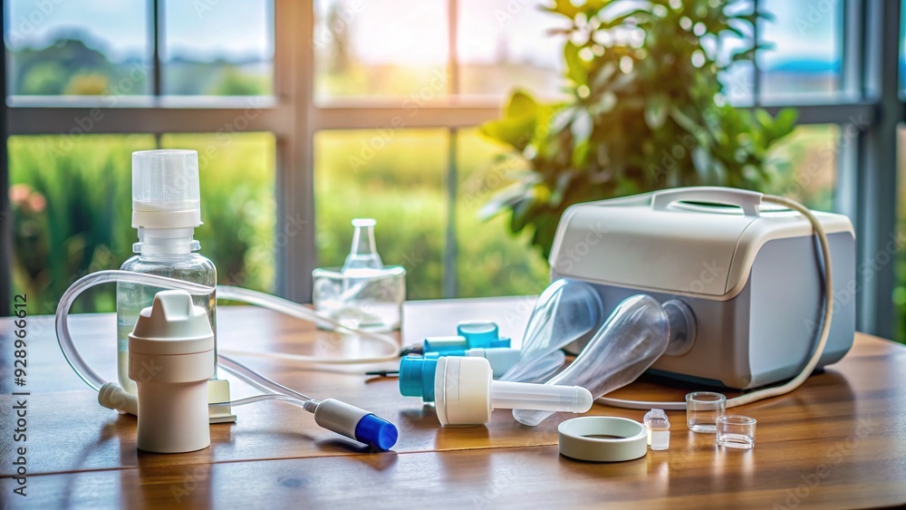 Inhaler and nebulizer equipment on a table, preparing for asthma ...